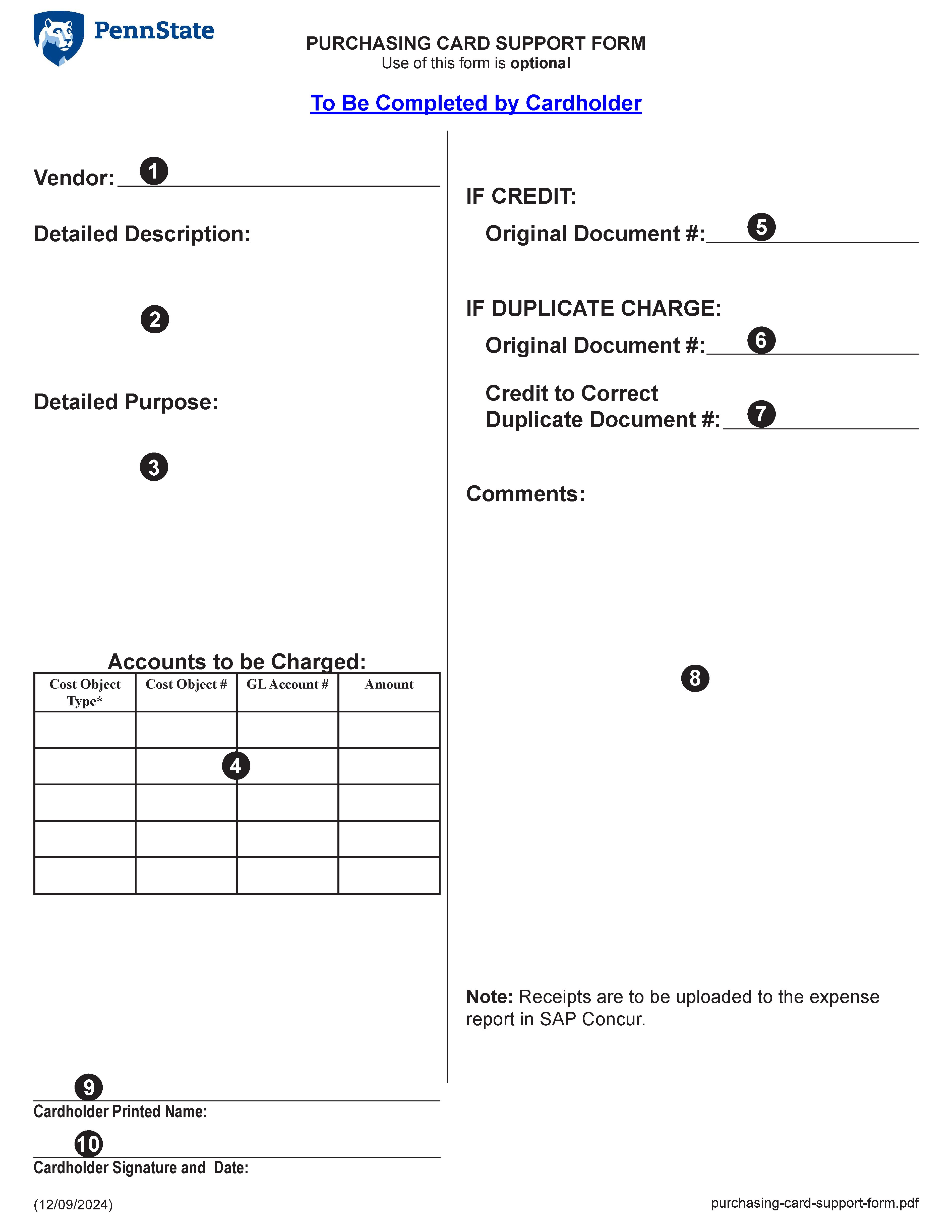 Image of Purchasing Card Support Form