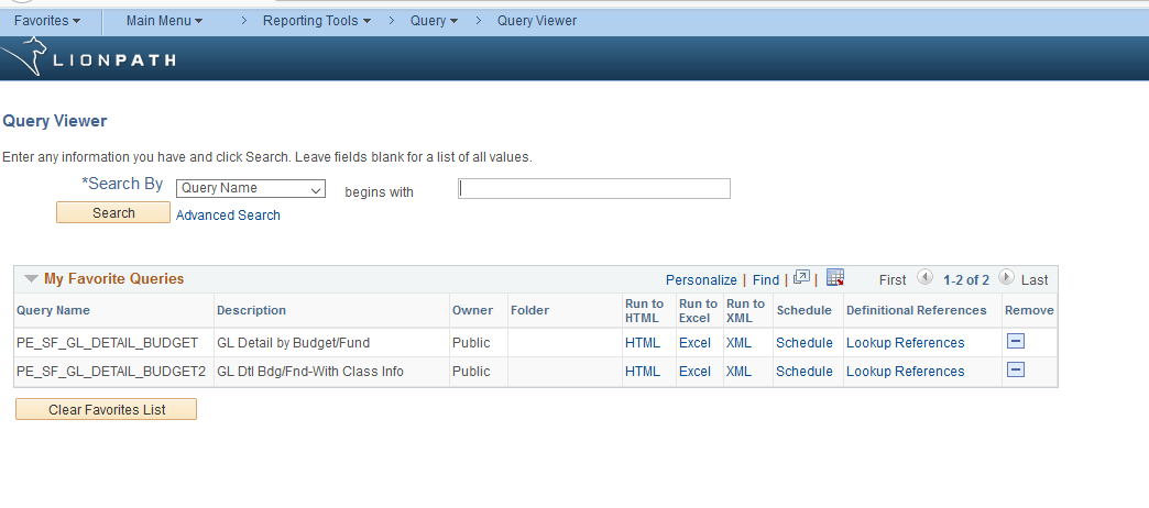 Image of LionPATH Query Screenshot
