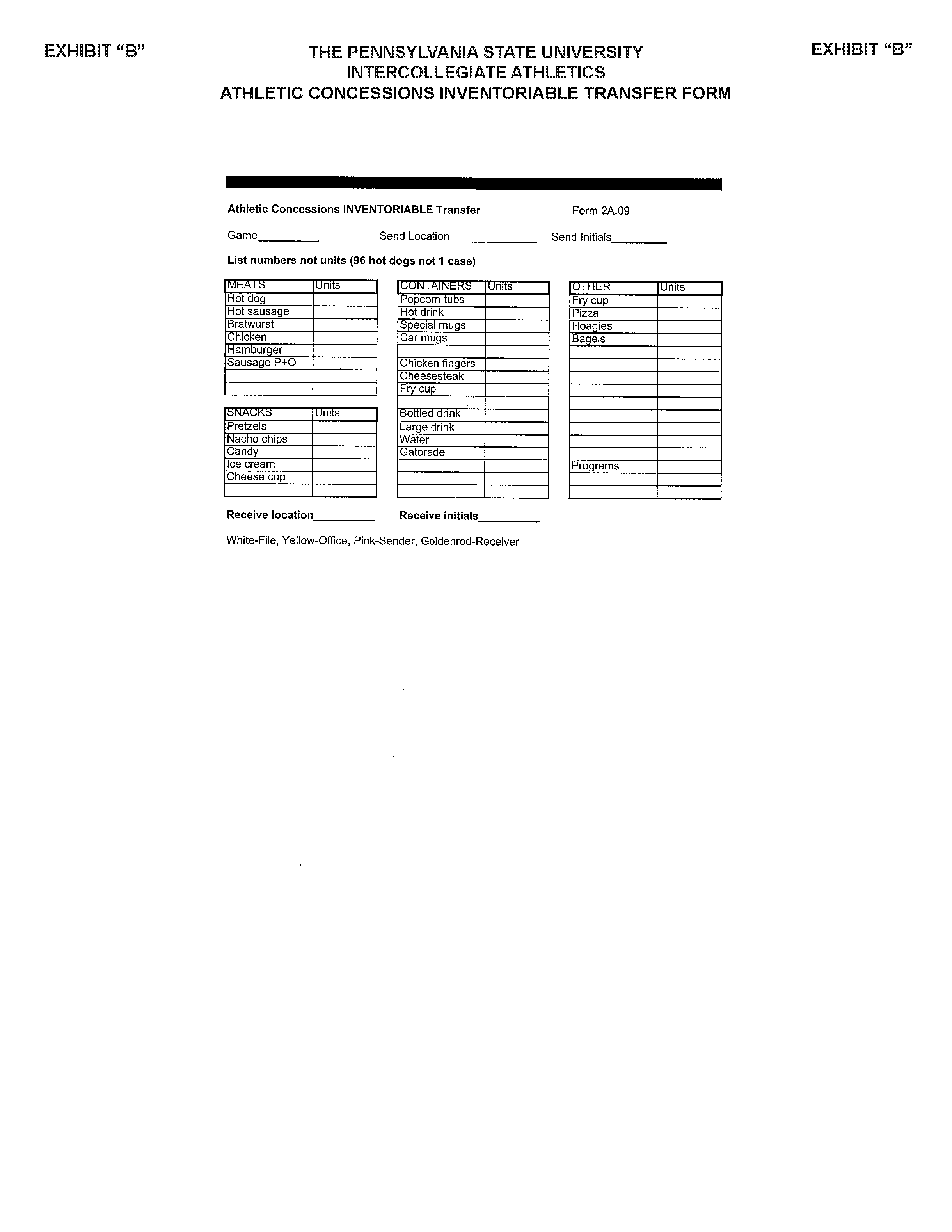 Image of Exhibit B ATHLETIC CONCESSIONS INVENTORIABLE TRANSFER FORM